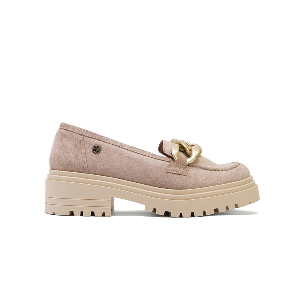 Sand Suede Mid-Heel Loafer with Chain – MISWEAR